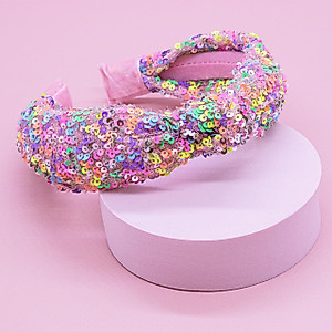 FROG SAC Sequin Knot Headband for Girls, Rainbow Knotted Hair Bands Accessories for Kids, Sparkly Iridescent Little Girl Headbands, Cute Sequined Hairbands for Tweens Back to School