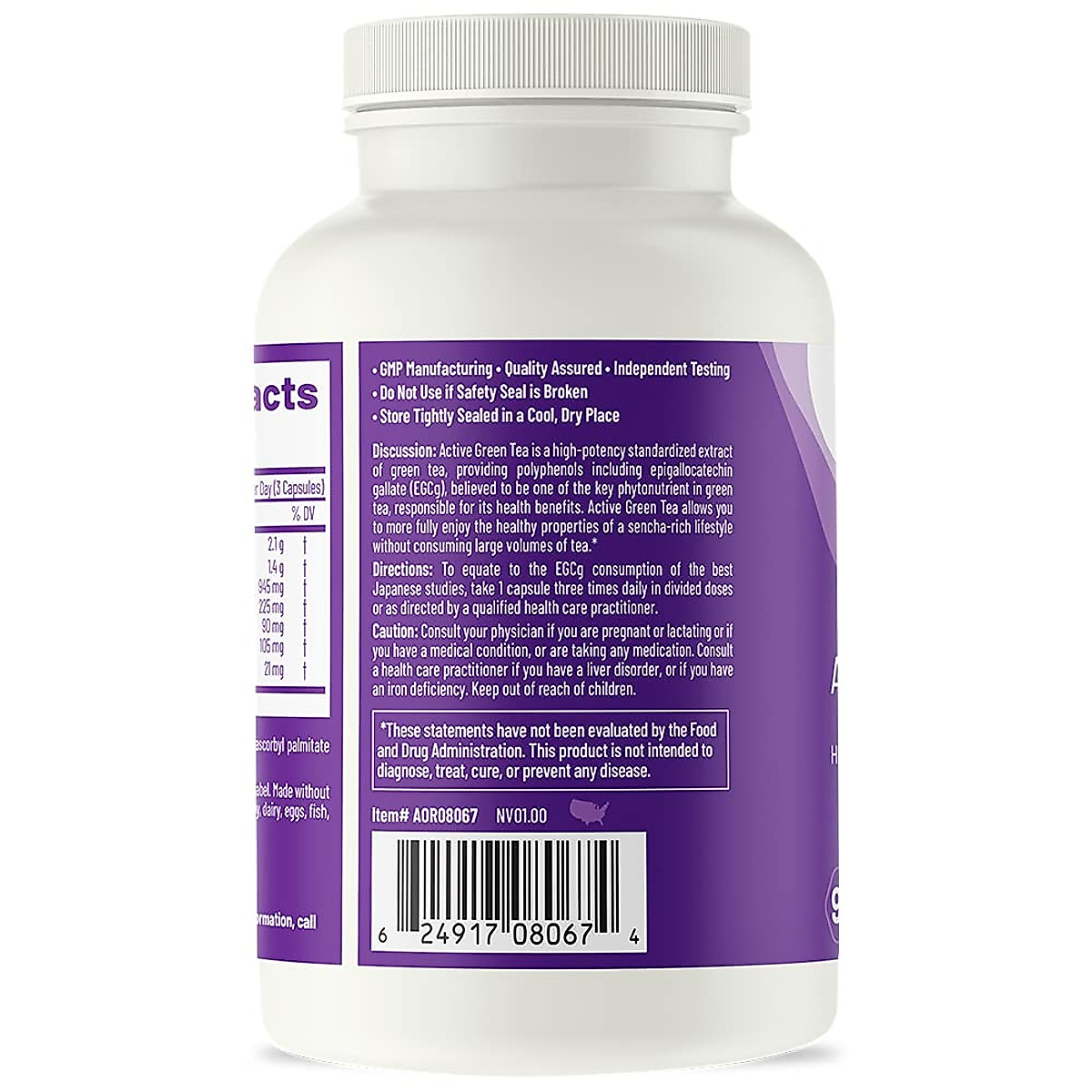 AOR, Active Green Tea, Natural High-Potency Green Tea Extract, with EGCG Catechins (150 mg), Vegan Take Daily, 90 capsules (30 servings)