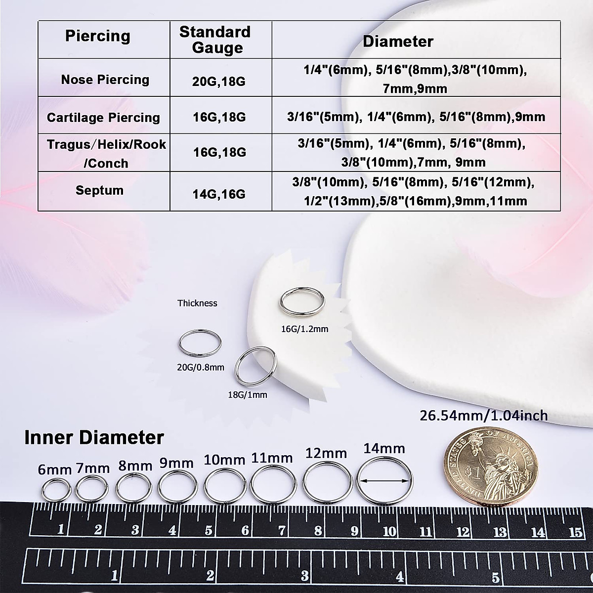 6Pcs 20g Nose Rings for Women Men 316L Surgical Steel Hinged Earring Hoops Rook Helix Cartilage Daith Tragus Earrings 6 mm 8mm 10mm Set