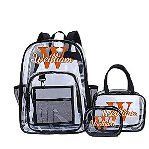 Arisaniasion Custom 3PCS Clear Backpack, Custom Name See Through Bookbags Transparent Backpack, Lunch Box Bag and Penecil Case Set(#2Black-3Pcs)