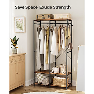 SONGMICS Clothes Rack, Iron and Wood Wardrobe Closet Organizer, Heavy Duty Garment Rack with Hanging Rods, Closet Shelves, Removable Hooks, 15.7 x 37.2 x 70.9 Inches, Rustic Brown URGR004B01