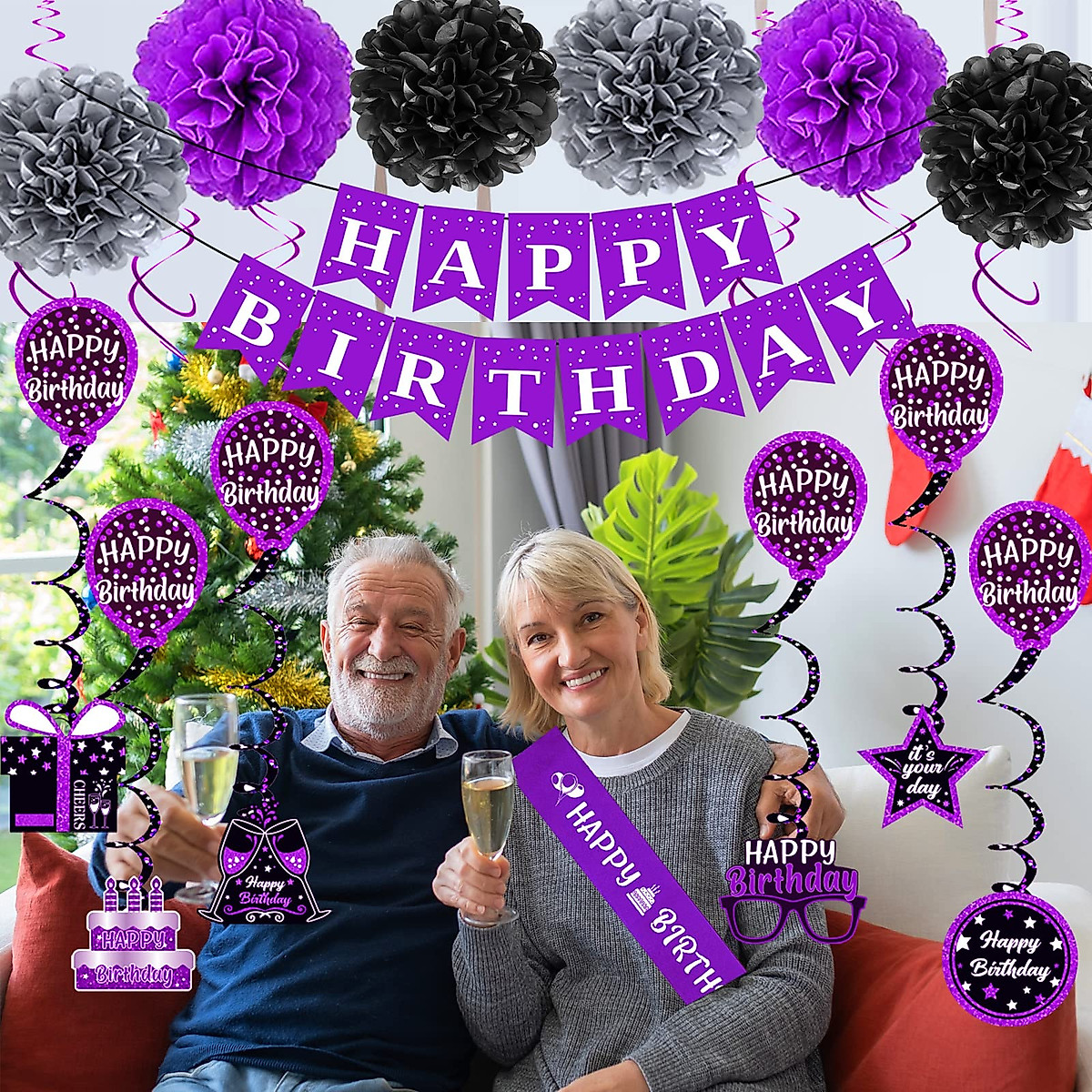 Birthday Decorations Purple Black, Happy Birthday Party Decorations for Women Girls Men Boys, Happy Birthday Banner, Double-Sided Bday Pattern Card, Birthday Sash, Pompoms,Hanging Swirl Bday Decor Set