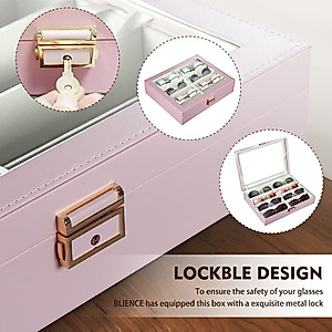 BLIENCE Sunglasses Organizer for Women, 8 Slot PU Leather Sunglasses Storage Case, Sweet Pink Eyeglasses Eyewear Display Case, Jewelry, Watch, Sunglasses Glasses Collector Box,Lockable and Clear Top