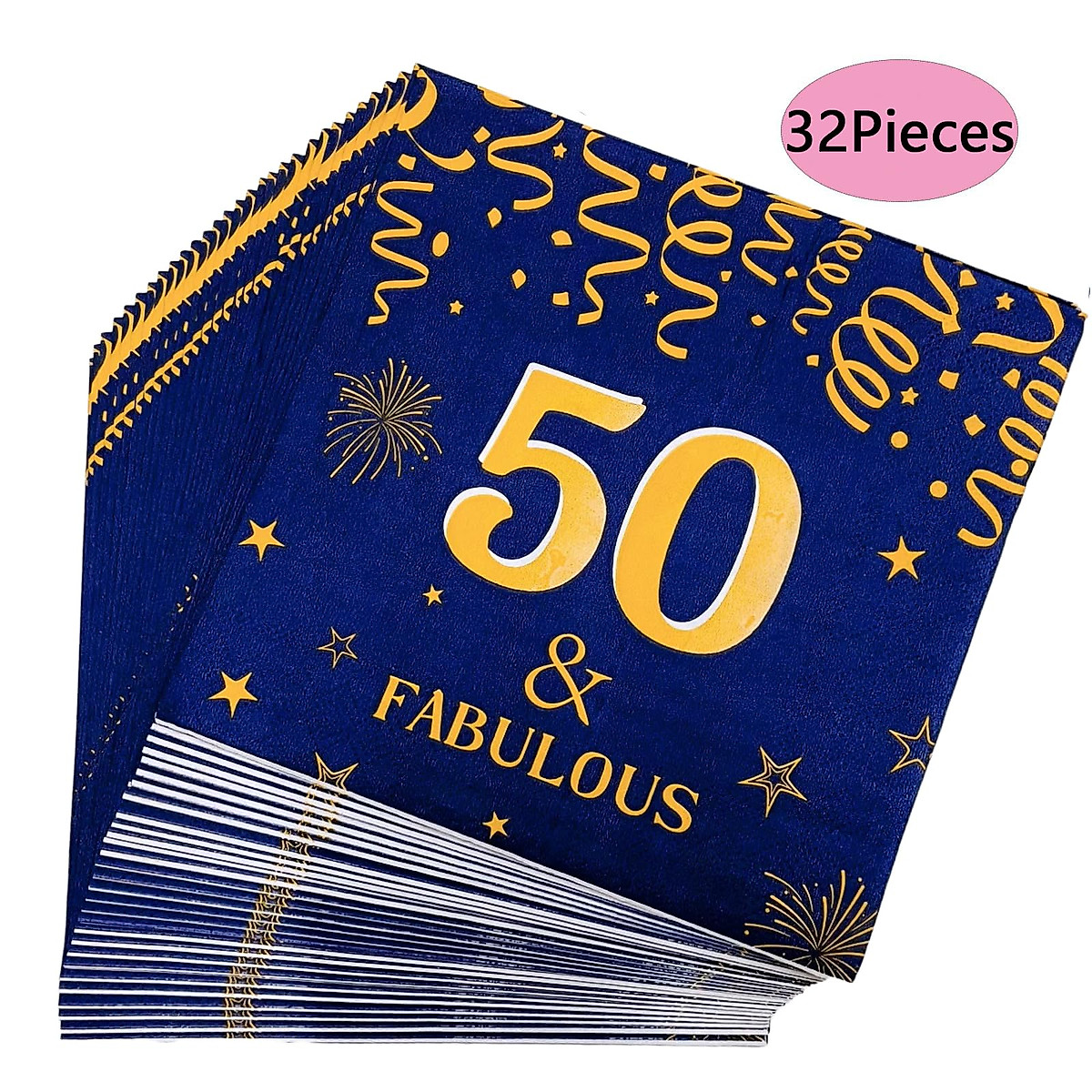 32PCS50th Birthday Happy Napkin 50th Anniversary Wedding Commemorative Napkin Blue 50th Birthday Table Decoration Party Supplies Blue Cocktail Napkin