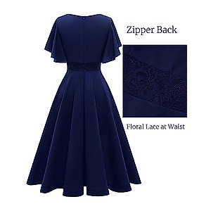 Gardenwed Navy Blue Women's Cocktail Dress Ruffle Short Sleeve A Line Swing Fit and Flare Midi Party Fall Dresses Navy M
