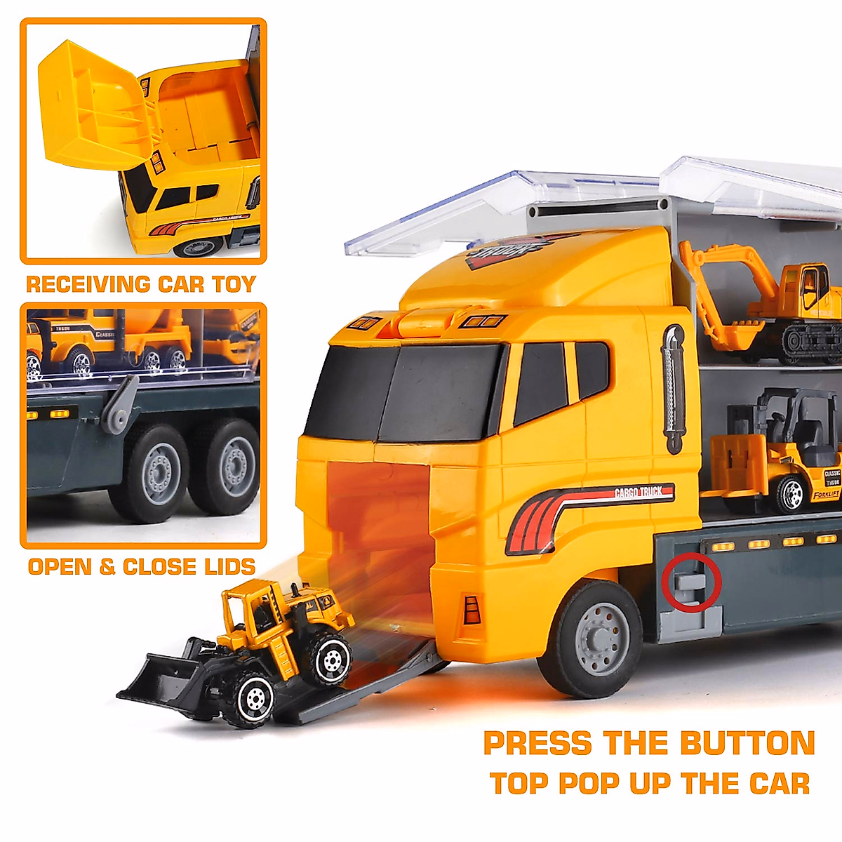 19 in 1 Construction Truck with Engineering Worker Toy Set, Mini Die-Cast Engine Car in Carrier Truck, Double Side Transport Vehicle Play for Child Kid Boy Girl Birthday Christmas Party Favors