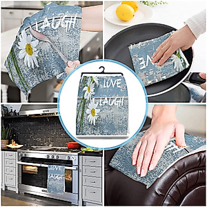 Beisseid Daisy Kitchen Dish Towels White Flower Dish Cloth Fingertip Bath Towels Cloth Live Love Laugh Wood Grain Hand Drying Soft Cotton Tea Towel Set 18x28in 2PCS