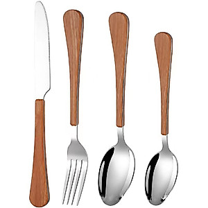 Wood Silverware Set 64 Piece Stainless Steel Flatware Set for 16 Wooden Grain Handle Cutlery Sets Restaurant Wedding Kitchen Tableware Utensil Include Knife Spoon Fork Fruit Fork and Coffee Spoon