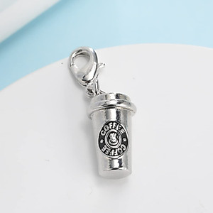 TEAMER Trendy Rhodium Plated 3D Coffee Cup Floating Lobster Clasp Charm Jewelry for Coffee Lovers (Silver - Coffee Cup)