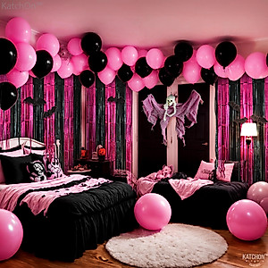 KatchOn, Pink and Black Foil Fringe Curtain - XtraLarge 3.2x6.5 Feet, Pack of 2 | Halloween Streamers, Pink Halloween Decorations | Halloween Backdrop Curtain, Pink and Black Birthday Decorations