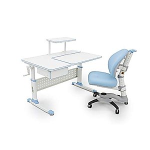 ApexDesk Little Soleil DX 43" Children's Height Adjustable Study Desk w/Integrated Shelf & Drawer (Desk+Chair Bundle – Blue)