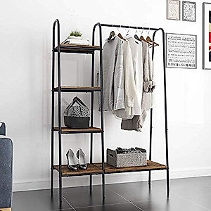 DlandHome Free-Standing Garment Clothing Racks, Home Metal Clothing Rack with 4-Tier Storage Shelves and Hanging Rod Closet Storage Organizer Clothing Rack for Bedroom Living Room Entryway