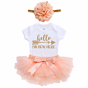 OoSweetCharlotteoO Newborn Baby Girl Coming Home Outfit Hello I am New here Bodysuits 3pcs (Newborn) (Newborn, Peach Short Sleeve)