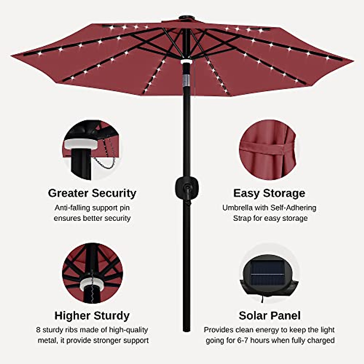 EAST OAK Patio Umbrella, 9 ft Outdoor Table Umbrella with 40 LED Solar Lights and 8 Ribs, 1.9inch Aluminum Pole, UPF 50+ Fade Resistant and Push Button Tilt for Deck and Poolside, Wine Red