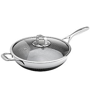 LIVWELL DiamondClad 12-inch Nonstick Hybrid Wok - Home and Kitchen Gift - Stainless Steel Wok Stir Fry Pan - Dishwasher and Oven Safe - Honeycomb Wok - PFOA-free - Honeycomb Cookware - Bundle