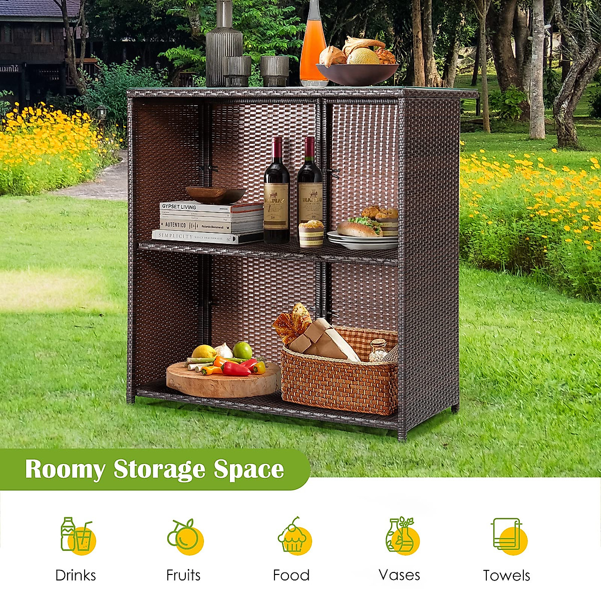 Toolsempire 3 Pieces Patio Bar Set Outdoor Bar Set, Wicker Bar Set with Tempered Glass Table-Top & Two Stools, Outdoor Furniture Bistro Set for Porch, Poolside, Backyard, (Red)