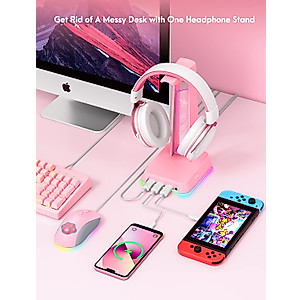 SOSISU RGB Headphones Stand with 3.5mm AUX and 3 USB 2.0 Ports, Gaming Headset Holder Hanger with Non-Slip Rubber Base for SOSISU Gaming Headset(Not Included), PC, Desktop (Pink)