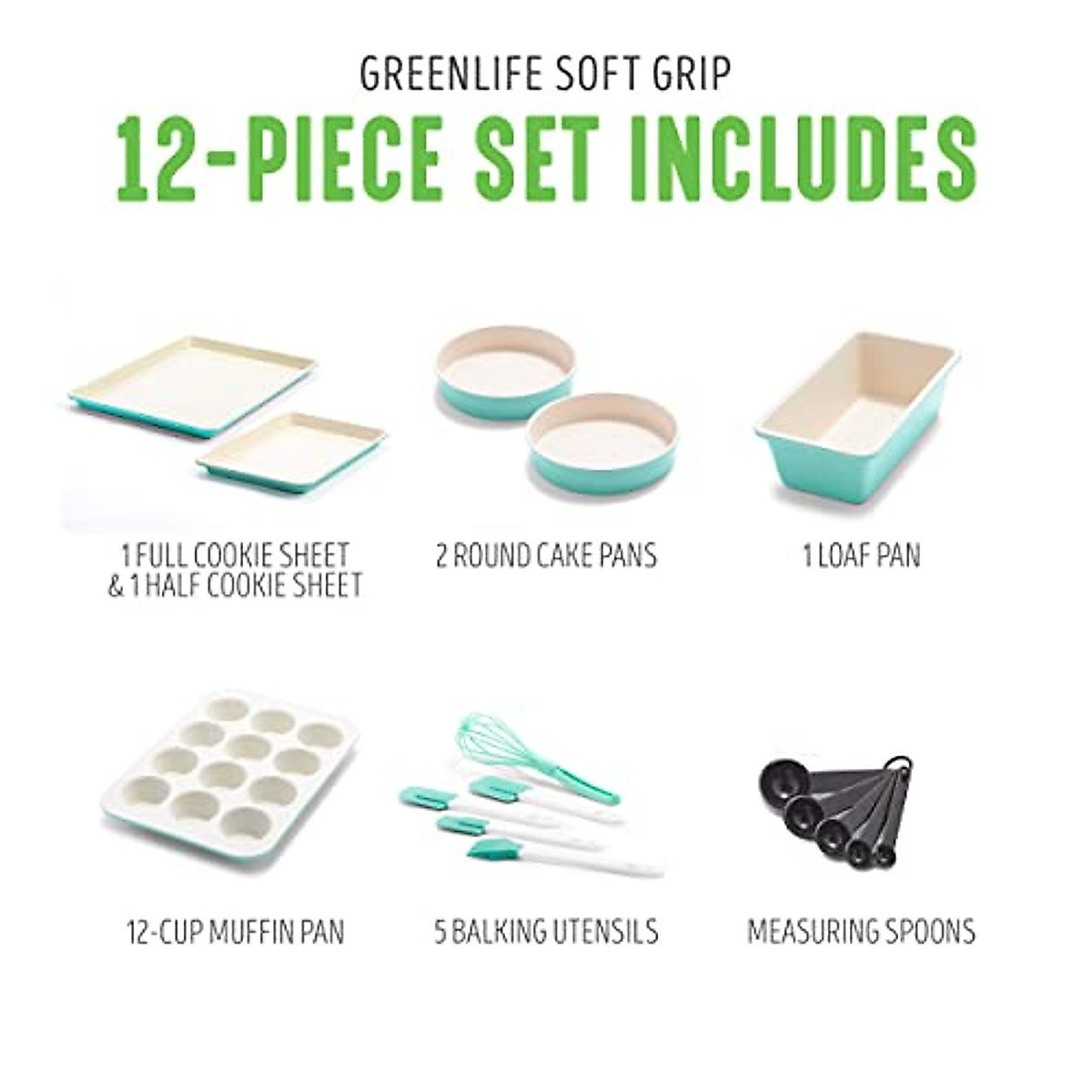 GreenLife Bakeware Healthy Ceramic Nonstick, 12 Piece Baking Set with Cookie Sheets Muffin Cake and Loaf Pans including utensils, PFAS-Free, Turquoise
