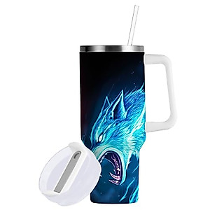 ODAWA 40 Oz Travel Insulated Tumblers with Straw and Handle, Wolf Red Blue Double Wall Insulated Tumbler