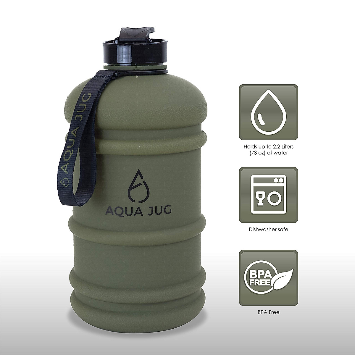 Aqua Jug Big Water Bottle, Dishwasher Safe BPA Free Drinking Water, Force Green 2.2L, Great for Gym Fitness Workout Sports Hiking and More