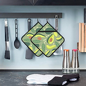 Avocado Leaves Flowers Pattern Pot Holders Set Heat Resistant Non Slip Oven Hot Pads with Hand Pockets and Hanging Loops for Kitchen Baking Cooking,Set of 2
