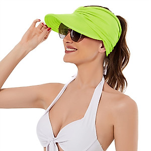 Zando Sun Hat Womens Beach Visor Hat Fashionable Sun Hats for Women Outdoor Wide Brim Hat Sun Visors for Women UV Protection Hats Sports Golf Visor for Women with Ponytail Fluorescein Yellow Visor