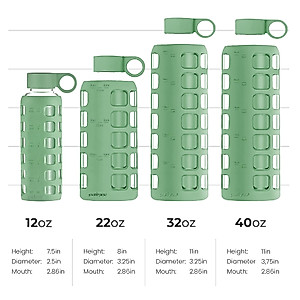 purifyou Premium 40/32 / 22/12 oz Glass Water Bottles with Volume & Times to Drink, Silicone Sleeve & Stainless Steel Lid Insert, Reusable Bottle for Fridge Water, Milk, Juice (22oz Shale Green)