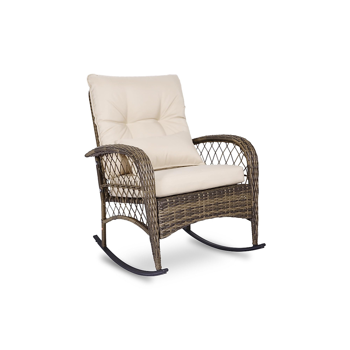 DECMICO Wicker Rocking Chair Set of 2, Patio Conversation Bistro Set, Rattan Outdoor Rocker Chairs with Cushions and Side Table, Wicker Porch Furniture for Backyard, Garden, Beige