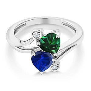 Gem Stone King 925 Sterling Silver Green Nano Emerald Blue Created Sapphire Ring For Women (1.51 Cttw, Heart Shape 6MM, Gemstone May Birthstone, Available In Size 5, 6, 7, 8, 9)