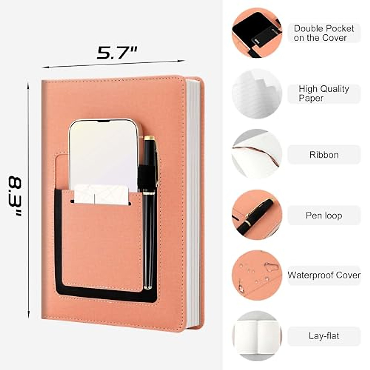 CAGIE Lined Journal Notebooks for Work A5 Business Notebook with Pen Holder, 224 Pages Notebook with Pockets, 5.7"x8.3" Inches, Pink