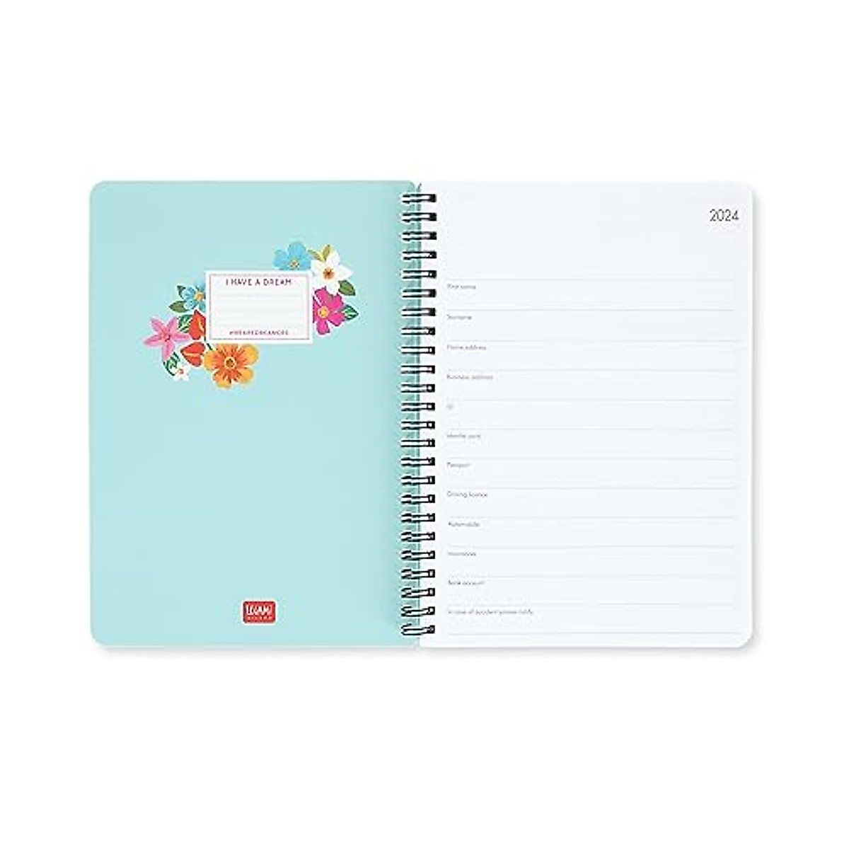 Legami - Spiral Large Weekly Planner, 12 Months, from January 2024 to December 2024, Folding Planner 2024/2025, Elastic Closure, Final Pocket, Address Book, 15 x 21 cm, Flowers Theme