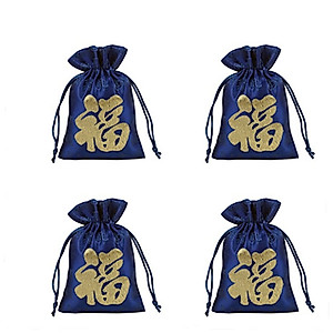 pankdream 5Pcs Good Luck Fortune Gift Bags Drawstring Bag Chinese Silk Embroidered Brocade Bag Damask Jewelry Product Packing Pouch Christmas/Wedding Gift Bag,Royal Blue