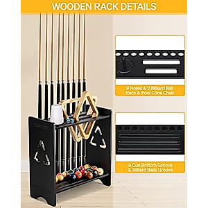 EXTCCT Pool Stick Holder Floor Stand- Billiards Pool Cue Rack Oak Solid Wooden Holds 9 Cues and Pool Table Accessories Organizer with Chalk Cone Holder for Game Room Club or Men Cave
