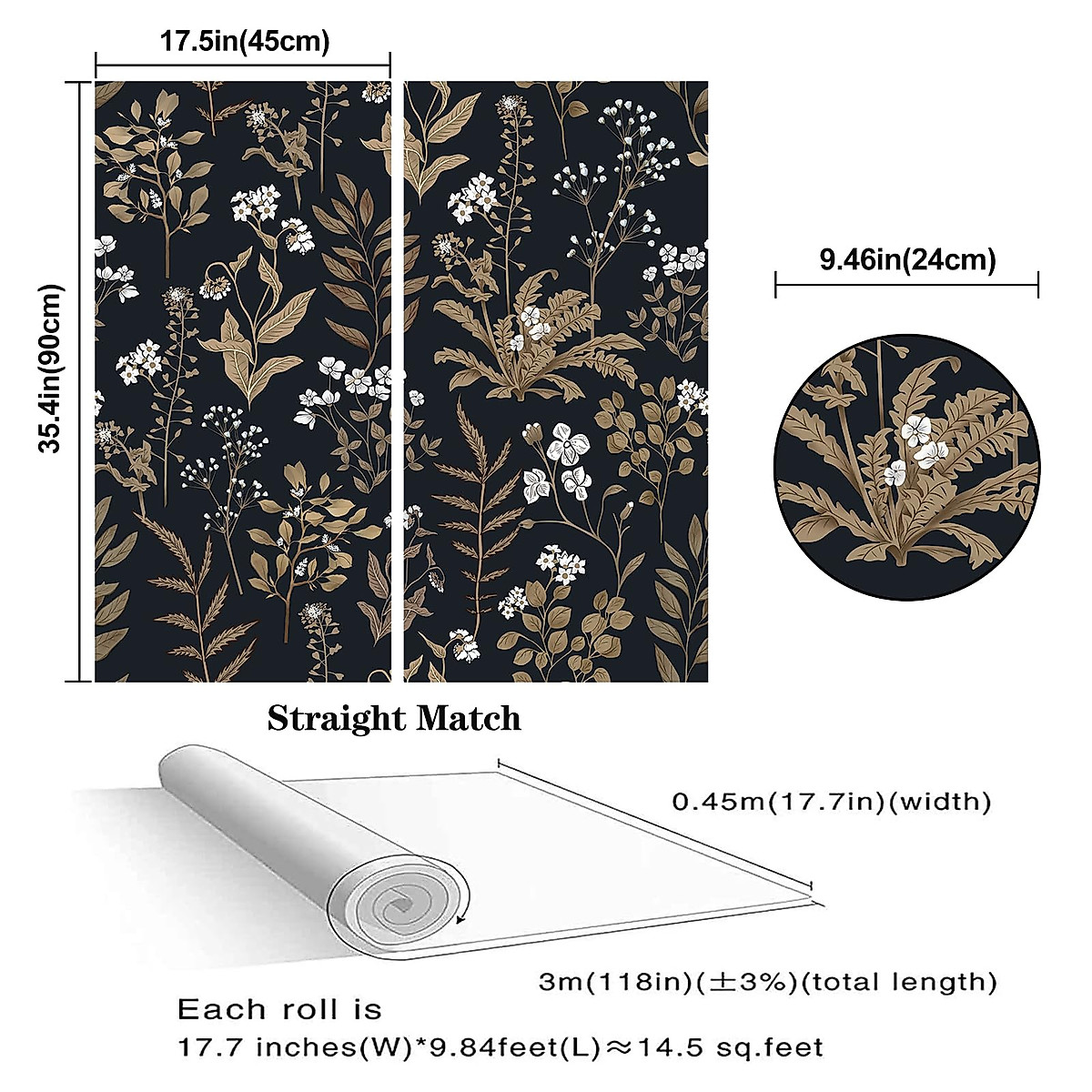 Abyssaly Black and Gold Peel and Stick Wallpaper Vintage, 17.7" x 118" Dark Floral Wallpaper Glod Leaf with White Flower Contact Paper for Wall Furniture Cabinet, Vinyl Self Adhesive Wall Paper