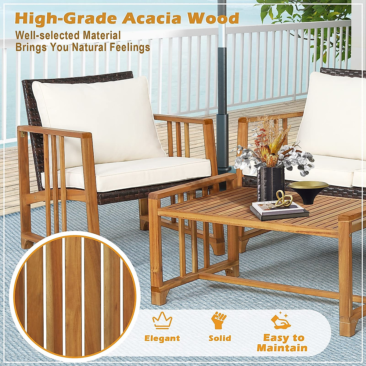 Tangkula 4 Pieces Patio Sofa Set, Outdoor Mix Brown Rattan Conversation Set with Acacia Wood Frame, Cozy Seat & Back Cushions, All-Weather PE Wicker Chair & Table Set for Porch, Poolside (Off White)