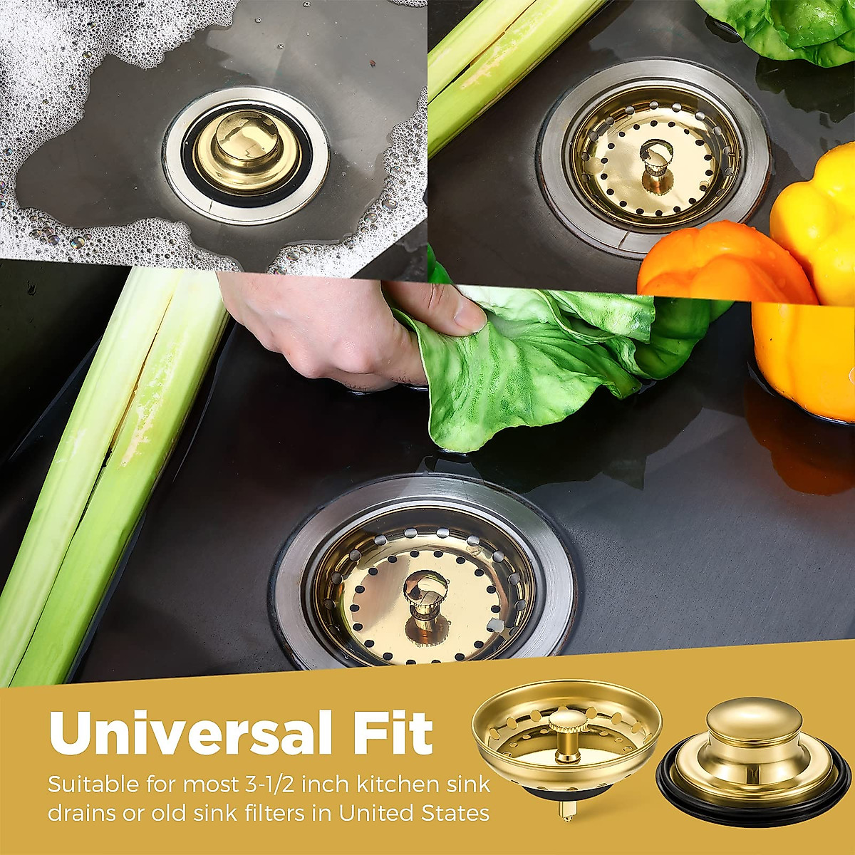 3 Pieces Kitchen Sink Stopper Strainer Garbage Disposal Plug, Stainless Steel Universal Anti-Clogging Filter, Sieve Basket Strainer, Wide Rim for Drain (Light Gold)