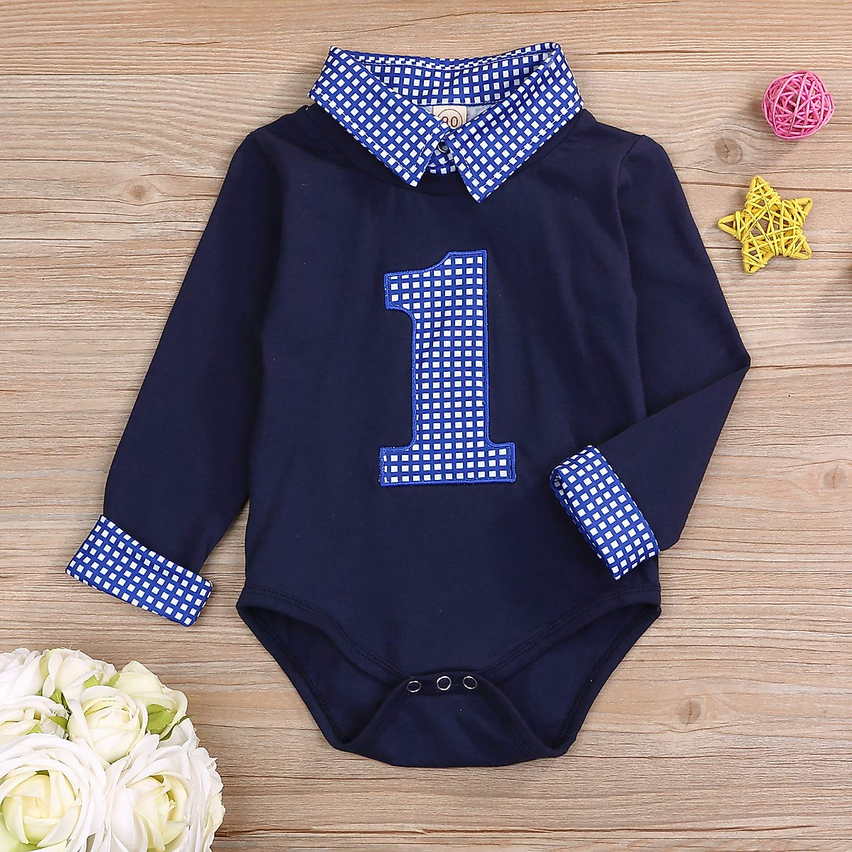 Baby Boy First Birthday Clothes Plaid Stand Collar Long Sleeve Romper Jumpsuit Cake Smash Outfit (Navy Blue, 15 Months)