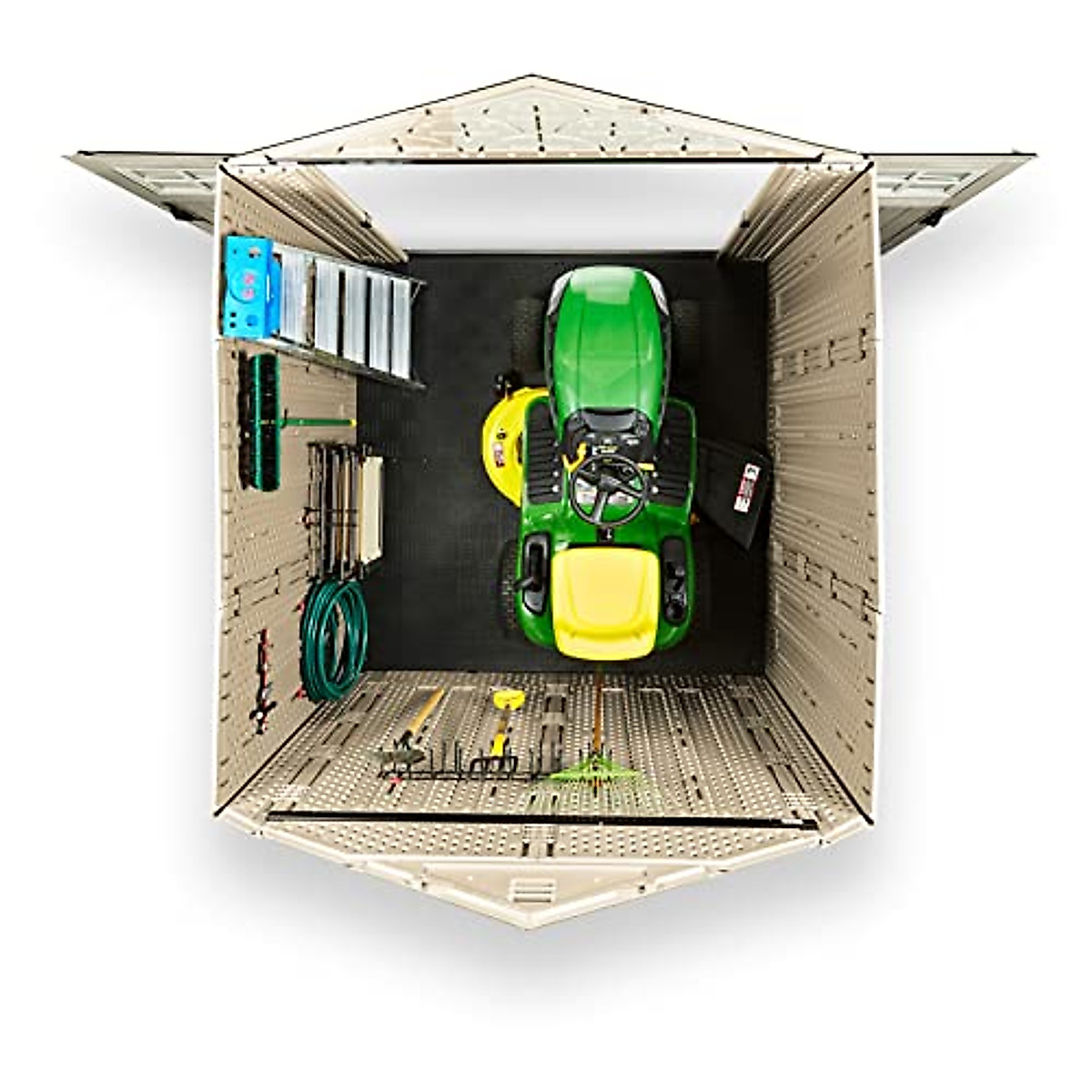 Rubbermaid Resin Weather Resistant Outdoor Storage Shed, 7 x 7 ft. , Faint Maple/Onyx/Sandstone, for Garden/Backyard/Home/Pool