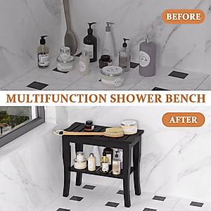 Domax Bamboo Shower Benches for Inside Shower - Bathroom Bench Seat Waterproof Wooden Shower Stool with Storage Shelf for Adults Elderly Seniors Wood Shower Chair for Bathtub or Small Spaces, Black