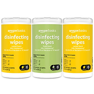 Amazon Basics Disinfecting Wipes, Lemon Scent & Fresh Scent, Sanitizes/Cleans/Disinfects/Deodorizes, 85 Count: Pack of 3 (Previously Solimo)