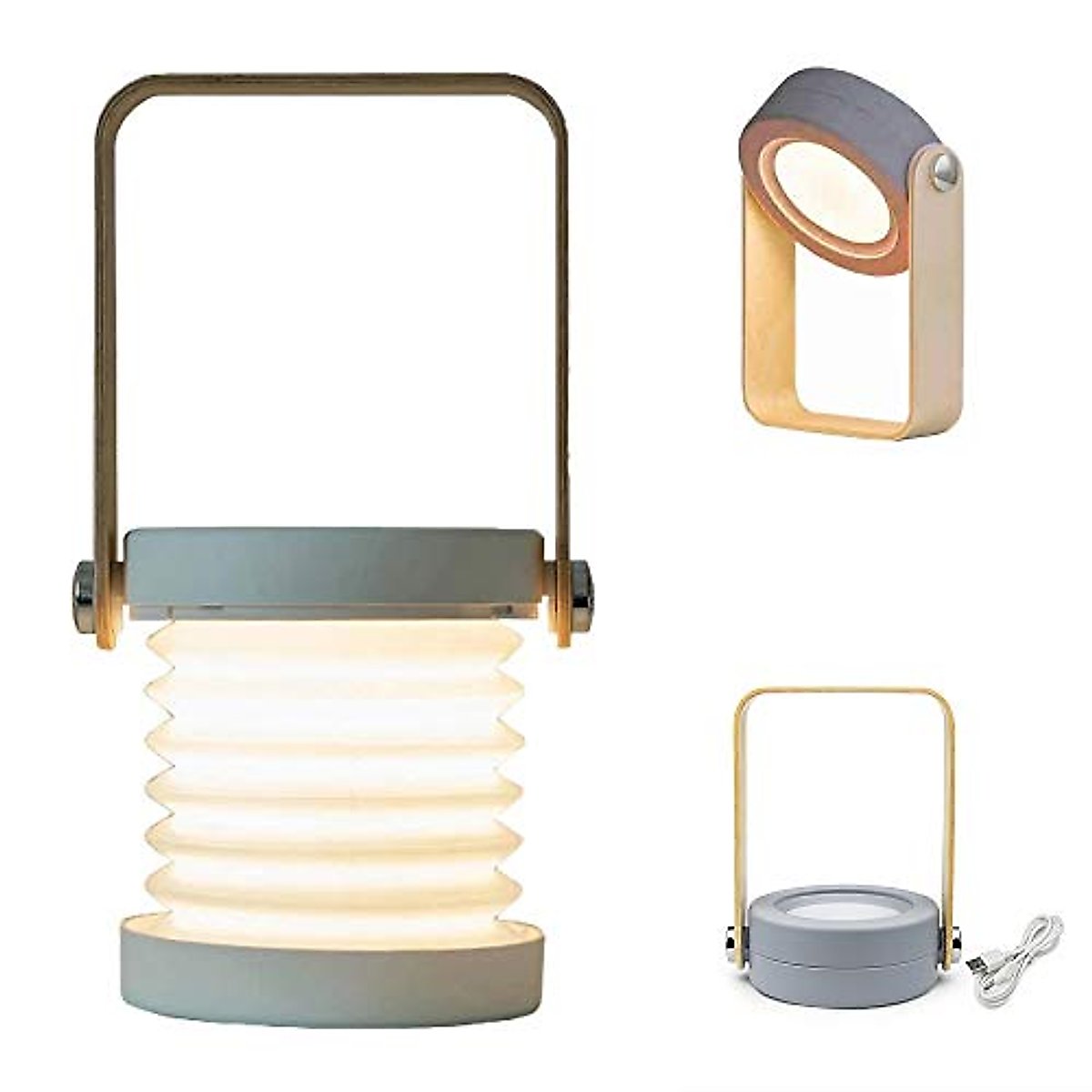 4-in-1 Foldable Table Lamp,USB Retractable LED Light,Wooden Handle Portable Lantern Light and Flashlight,Touch Control Dimmable 3 Level Brightness Night Light for Reading, Outdoor Camping (Grey)