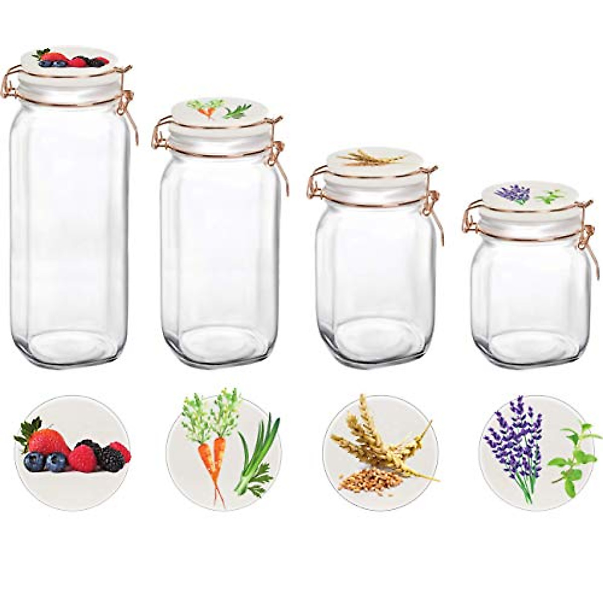 Circleware Vegetable Decal Glass Canisters Shaped with Ceramic Lids, Set of 4 Kitchen Glassware Food Beverage Preserving Containers for Coffee, Sugar, Tea, Spices, Cereal, 66 oz, 49 oz, 30 oz, 22 oz