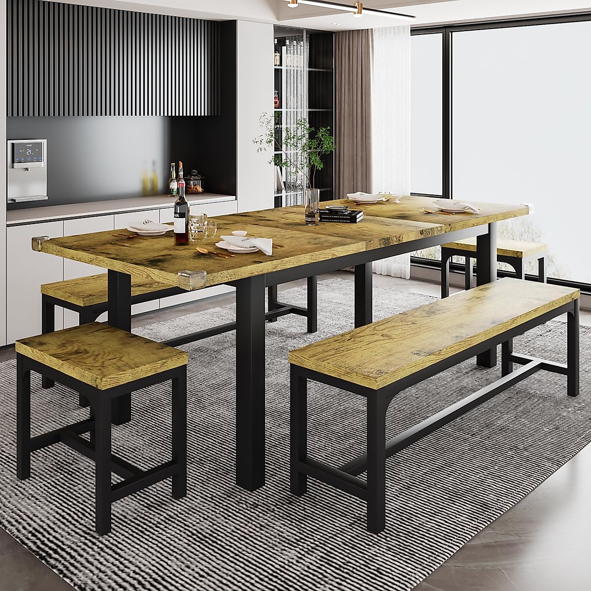 iPormis 5-Piece Dining Table Set for 4-8 People, Extendable Kitchen Table Set with 2 Benches and 2 Square Stools, Mid-Century Dining Room Table with Metal Frame & MDF Board, Saving Space, Rustic Brown