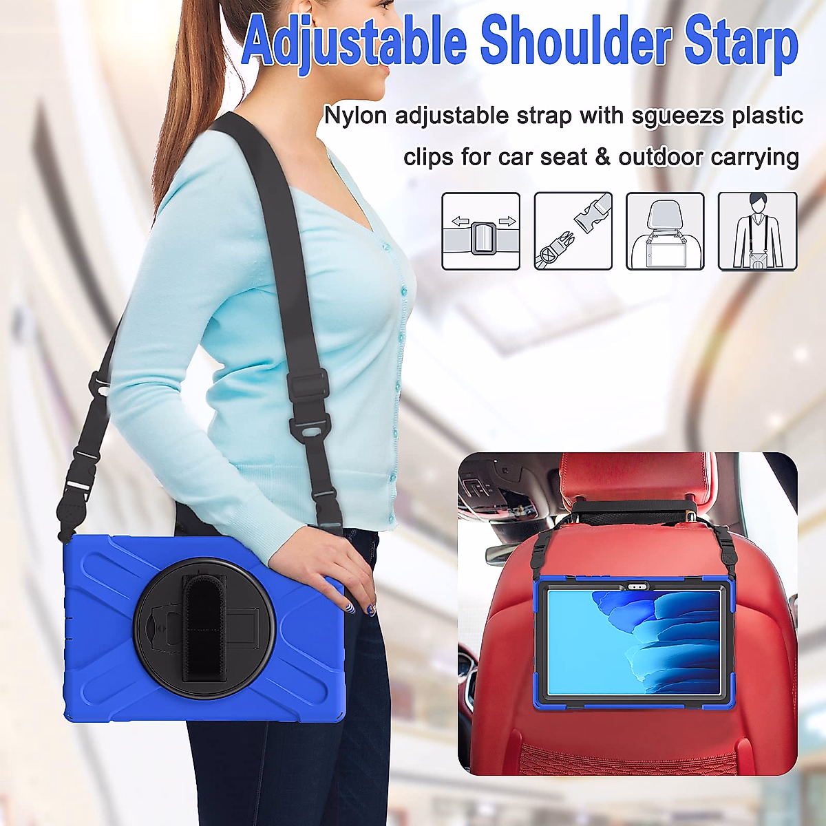 Rugged Case for Samsung Galaxy Tab A7 10.4" 2022/2020(SM-T500/T503/T505/T507/T509), Portable Hybrid Shock-Proof Cover with 360° Rotatable Hook&Loop Handle,Shoulder Strap (Blue)