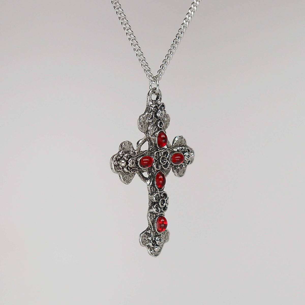 Gothic Filigree Cross with Red Stones Medieval Renaissance Pewter Pendant Necklace