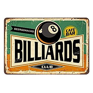 AOYEGO Billiards Tin Sign,Cafe Bar Beer Snacks Vintage Metal Tin Signs for Cafes Bars Pubs Shop Wall Decorative Funny Retro Signs for Men Women 8x12 Inch