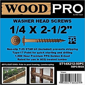 WoodPro Fasteners ST14X212-50PC 1/4-Inch by 2-1/2-Inch Length Round Washer Head Exterior Wood Screws, 50-Pack