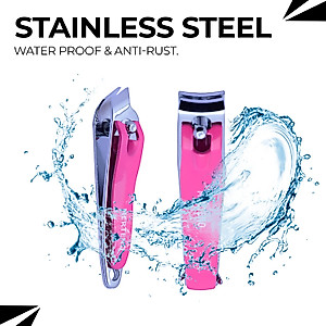Professional Nail Clippers Set 3 Pack Premium Sharp Stainless Steel Fingernail & Toenail Clippers with Sturdy Travel Tin Case, Professional Manicure Kit Fingernail Tools for Nail Care (Pink/Silver)