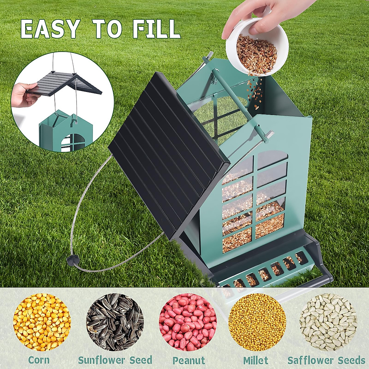 Squirrel Proof Bird Feeder for Outdoors Hanging, Metal Hanging Bird Feeder with Bilateral Weight-Activated Perches, 8LBS Large Capacity Wild Bird Feeder, Squirrel Chewing Proof