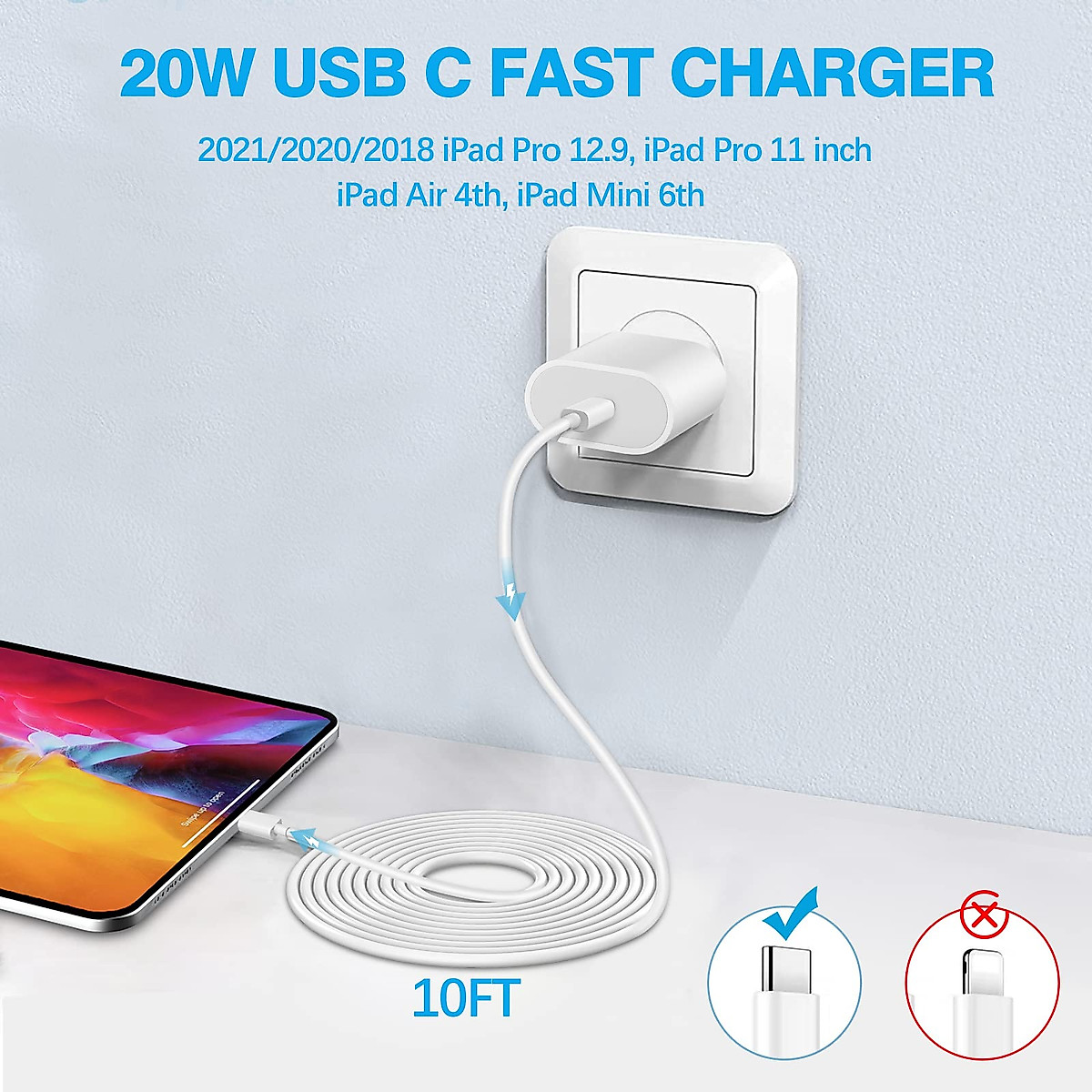 iPad Pro Charger, 20W USB C Charger with 10ft USB C to C Charging Cable for iPad Pro 13/12.9/11 inch, iPad Air 13/11 inch 5/4th Generation, iPad 10, iPad Mini 6